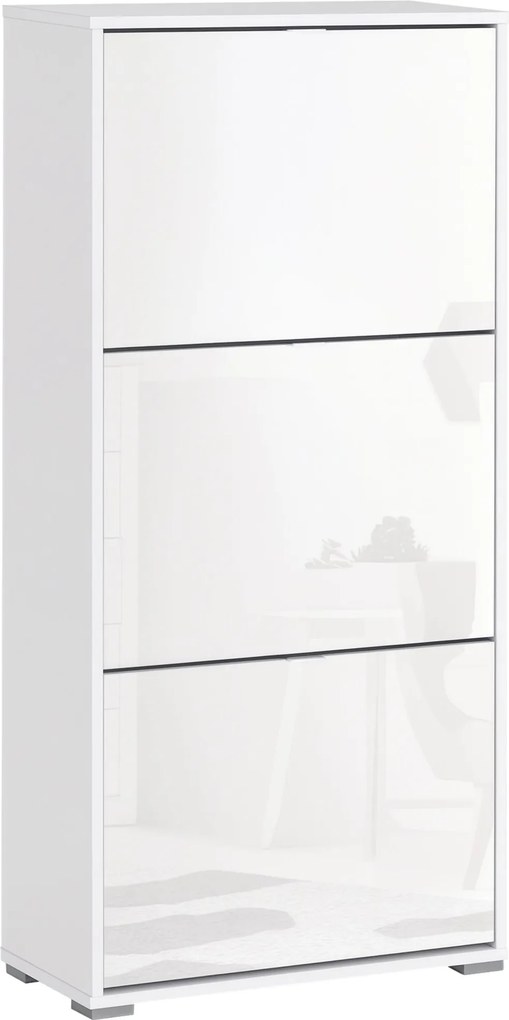 HOMCOM Skříň na boty s 3 výklopnými dvířky a 3 přihrádkami, dřevo 60L x 26Š x 124V cm, vysoce lesklá bílá