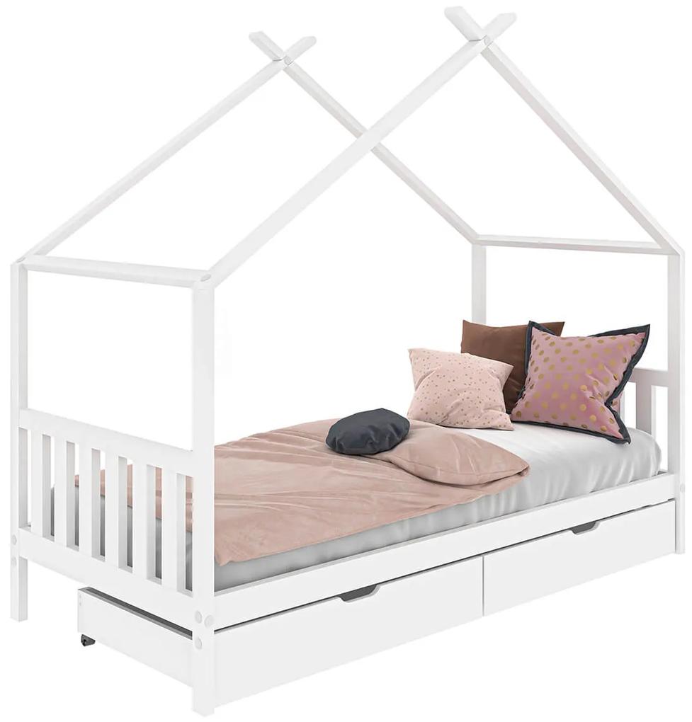 Dětská postel Domeček 90x200 se šuplíky a roštem, bílá D6s