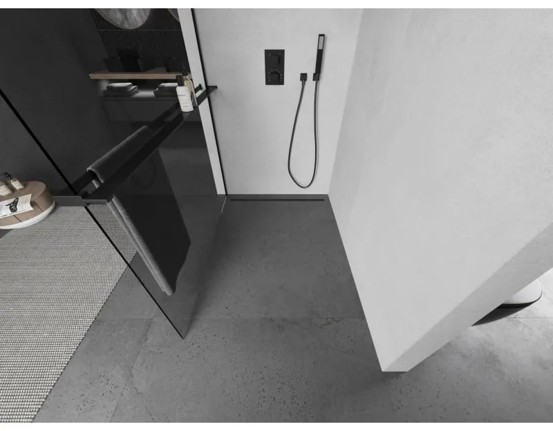 Mexen Kioto+ L, sprchová zástěna Walk-In s poličkou a věšákem 55 x 200 cm, 8mm čiré sklo, černý profil, 800-055-123-70-00