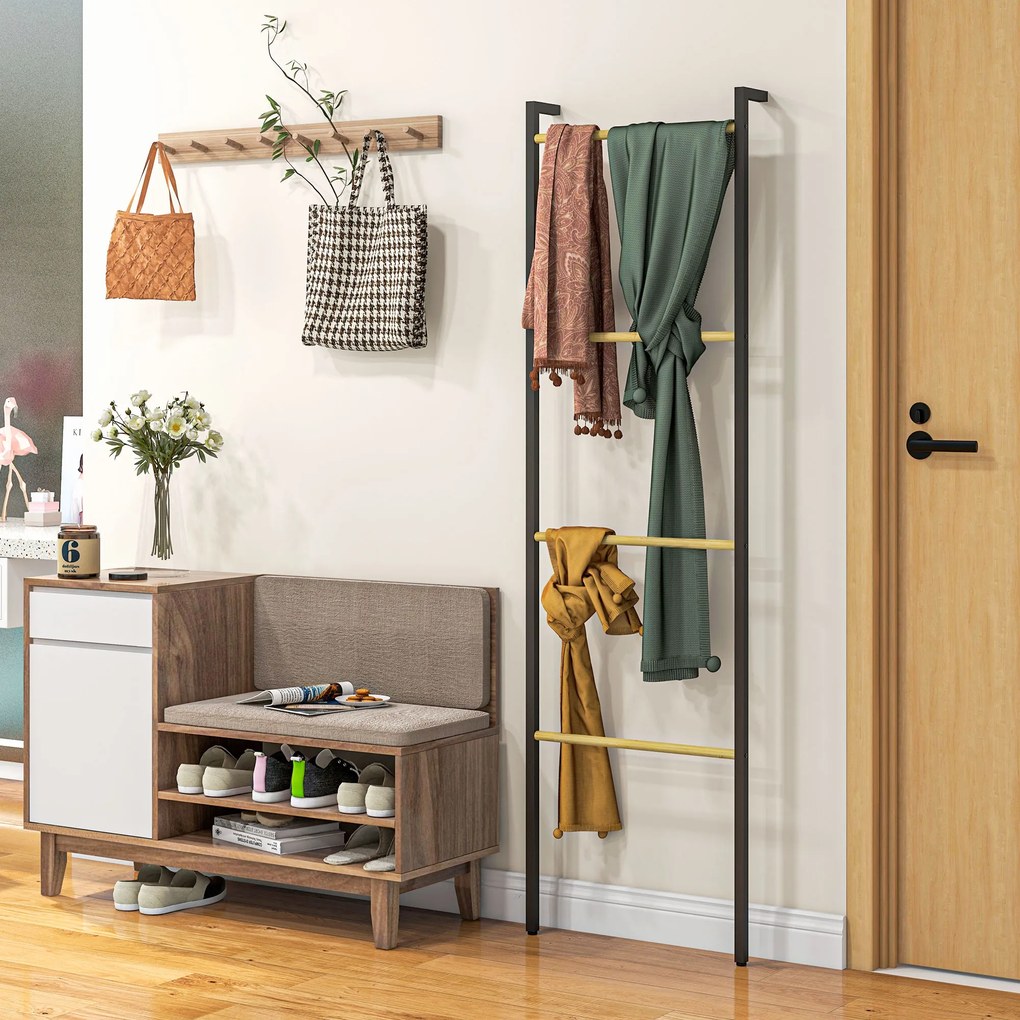 HOMCOM Žebřík na ručníky 49 x 167,5 cm Držák na ručníky se 4 tyčemi šetřící místo na ručníky oblečení deky noviny z oceli Černá