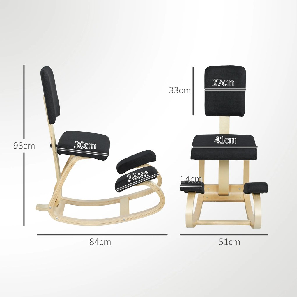 HOMCOM Ergonomická kolenní židle, kolenní stolička, zdravotní židle pro domácnost, kancelář, meditaci, černá