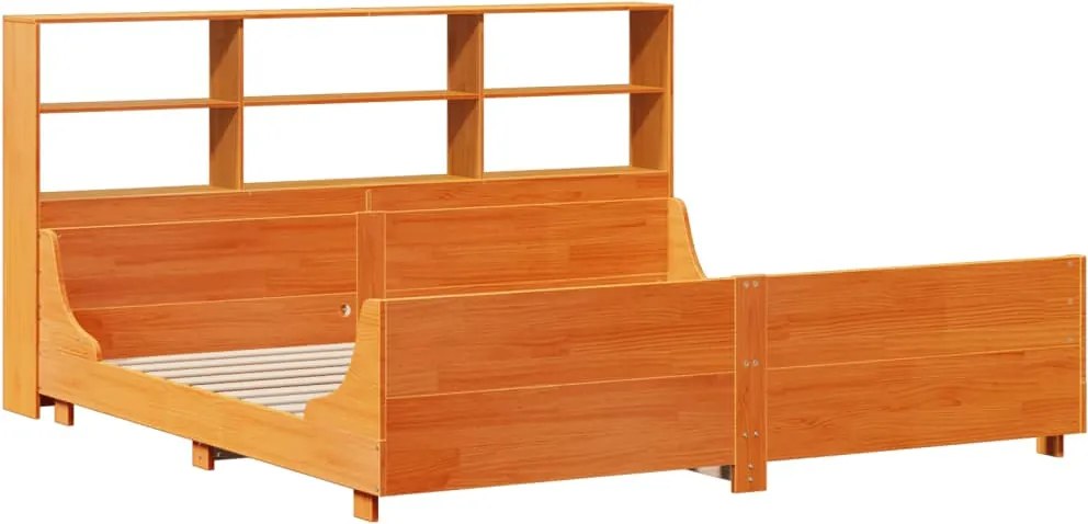 Postel s knihovnou bez matrace hnědá 200 x 200 cm masivní dřevo 3323796