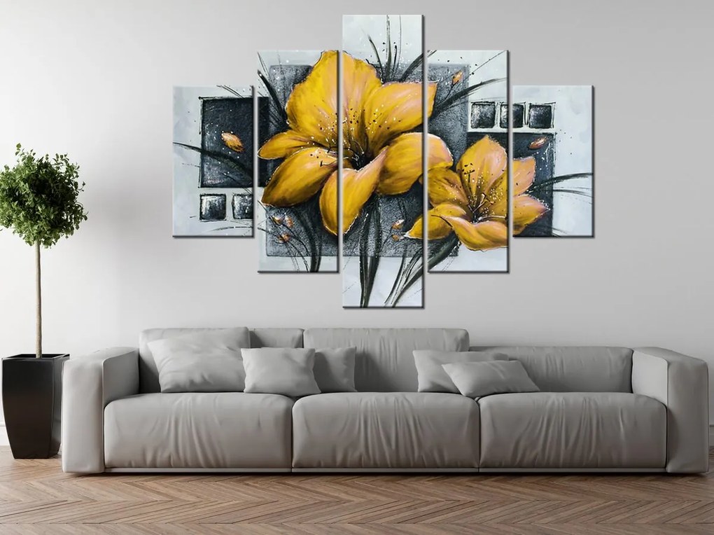 Gario Ručně malovaný obraz Nádherné žluté Vlčí máky - 5 dílný Rozměry: 100 x 70 cm