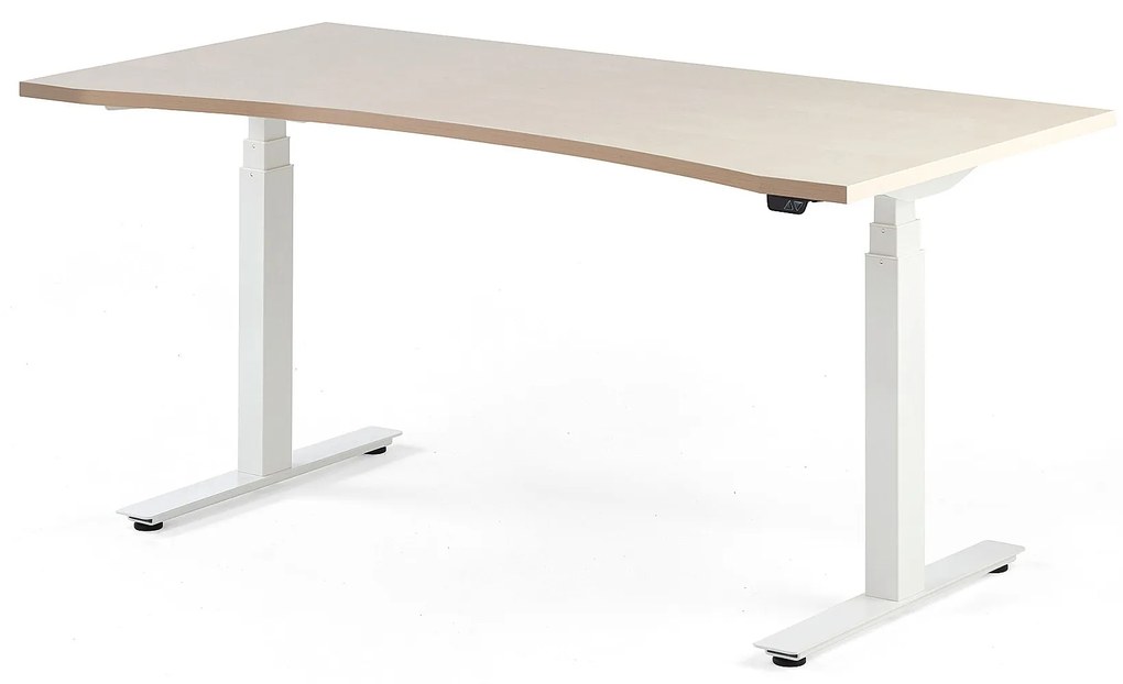 AJ Produkty Výškově nastavitelný stůl MODULUS, vykrojený, 1600x800 mm, bílý rám, bříza