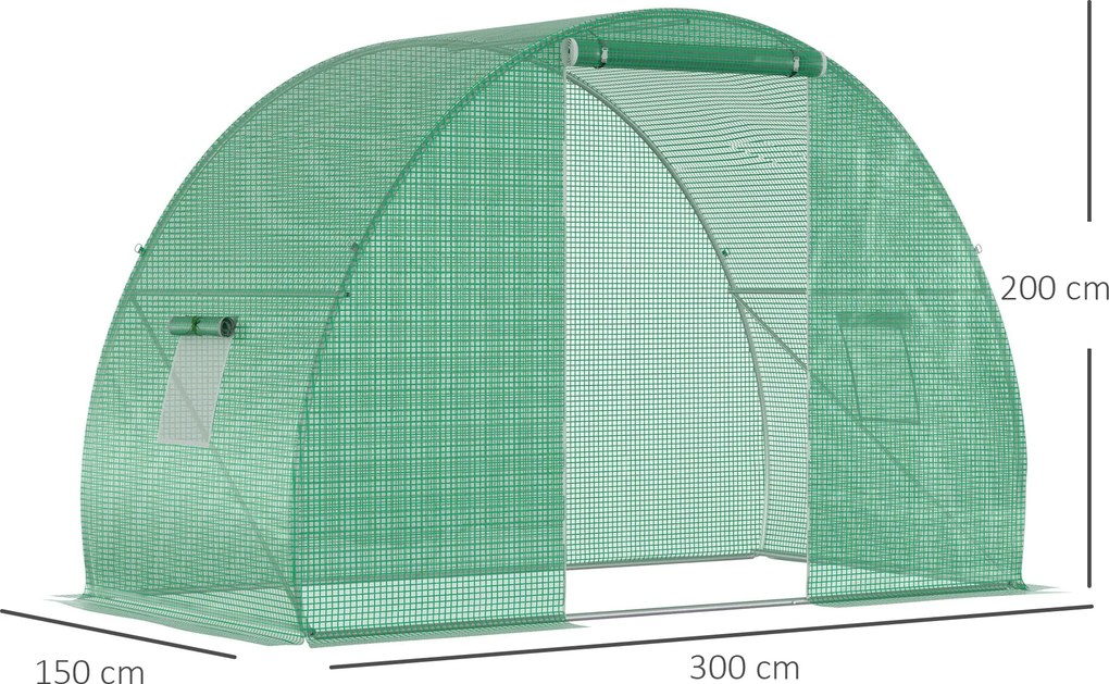 Zimní skleník Outsunny s tunelovým designem, plocha 4,5 m², rozměry 3L x 1,5W x 2H m, vyztužený rám, zipové dveře, 2 okna pro ventilaci, zelený