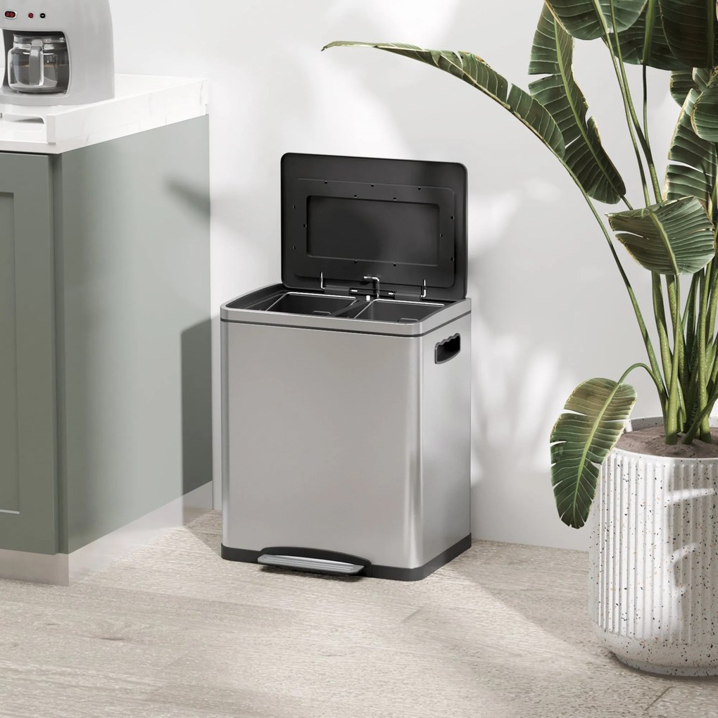 HOMCOM 40L x 34.8Š x 47.5V cm Stříbrný Pedálový Koš na Odpadky s 2 Kompartmenty, Nerezová Ocel s Tichým Víkem, Odnímatelné Vnitřní Kbelíky