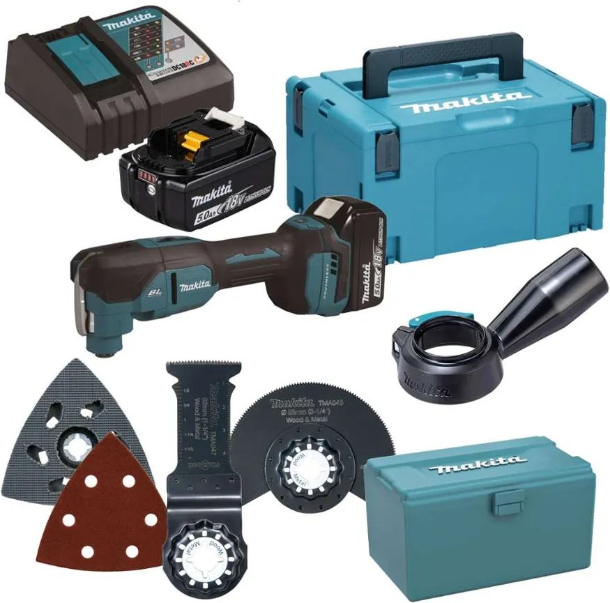 Makita - 18V AKU oscilační multibruska, s příslušenstvím, 2x aku 5,0 Ah, nabíječka DTM53RTJX1