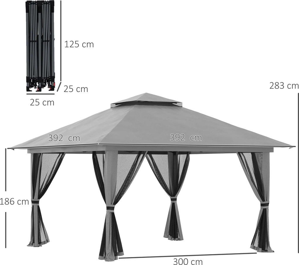 Skládací altán Outsunny 4x4m, vyskakovací zahradní altán s ochranou proti UV záření a stěnami ze síťoviny, dvojitá střecha, odolný proti povětrnostní…