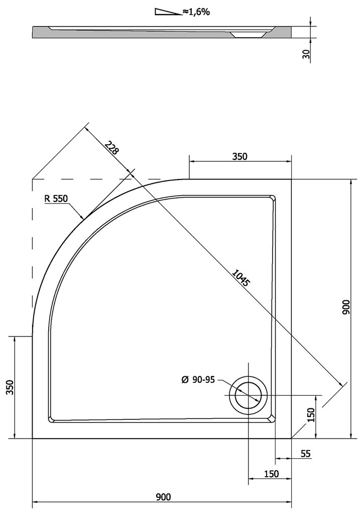 Polysan SERA sprchová vanička z litého mramoru, čtvrtkruh 90x90 cm, R550, bílá, 41511