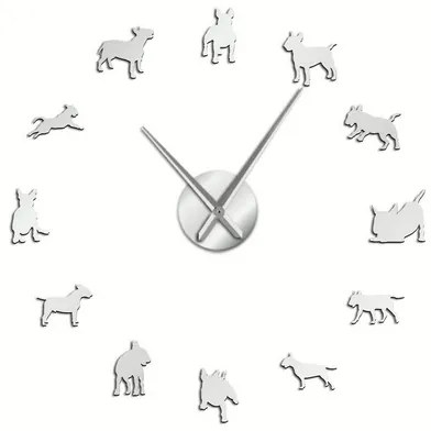 Nástěnné 3D hodiny - motiv Bullterier Barva: Stříbrná, Rozměry: 30-70 cm