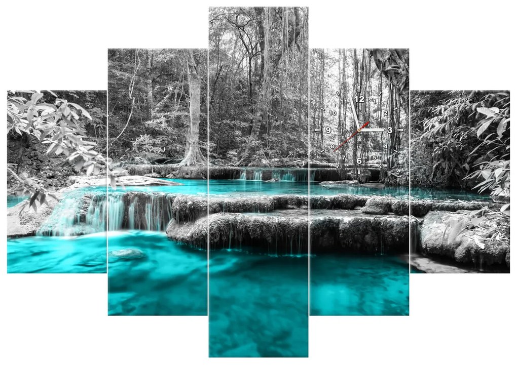 Gario Obraz s hodinami Modrý vodopád v džungli - 5 dílný Rozměry: 150 x 105 cm