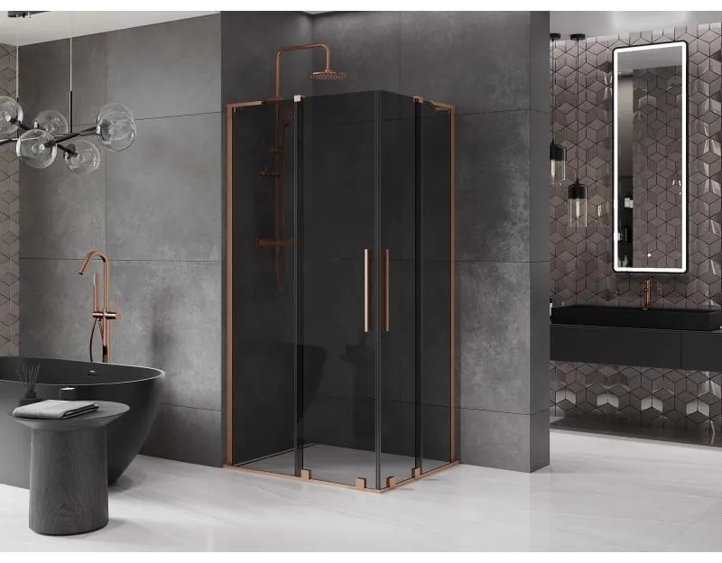 Mexen Velar L Duo, sprchový kout s posuvnými dveřmi 90 x 80 cm, 8mm šedé sklo, měděná matná, 871-090-080-02-43-65