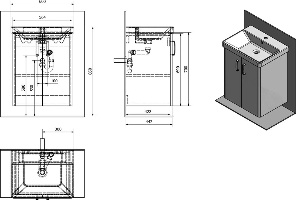 Sapho Theia umyvadlová skříňka 56,4 x 70 cm bílá TH062-3030