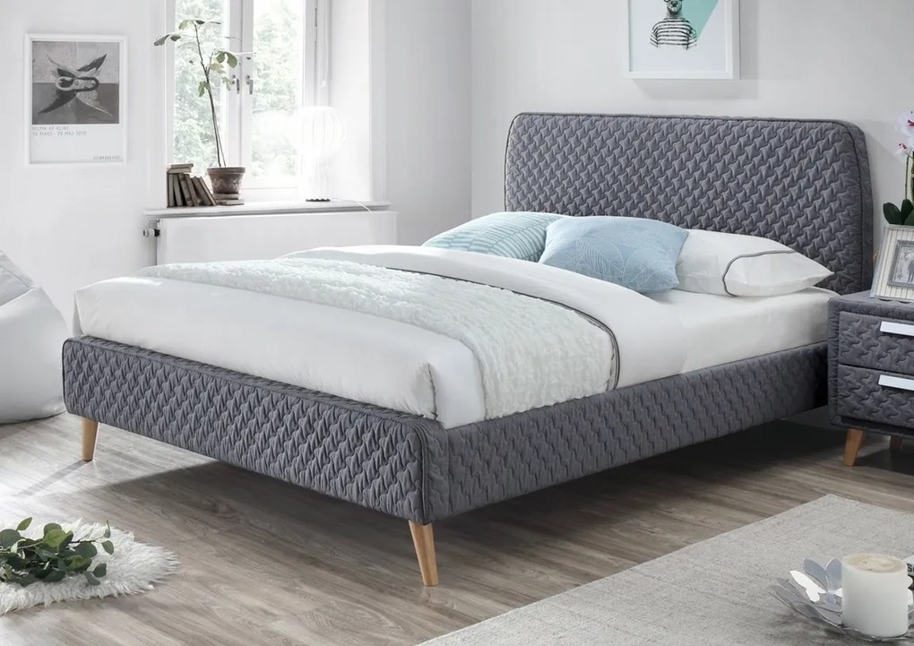 Manželská postel 180x200 cm čalouněná látkou v tmavě šedé barvě s roštem KN932