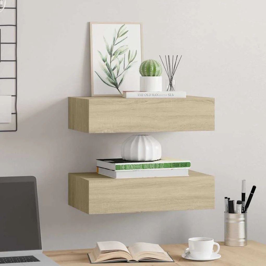 Nástěnné police se zásuvkou 2 ks dub 40 x 23,5 x 10 cm MDF 330248