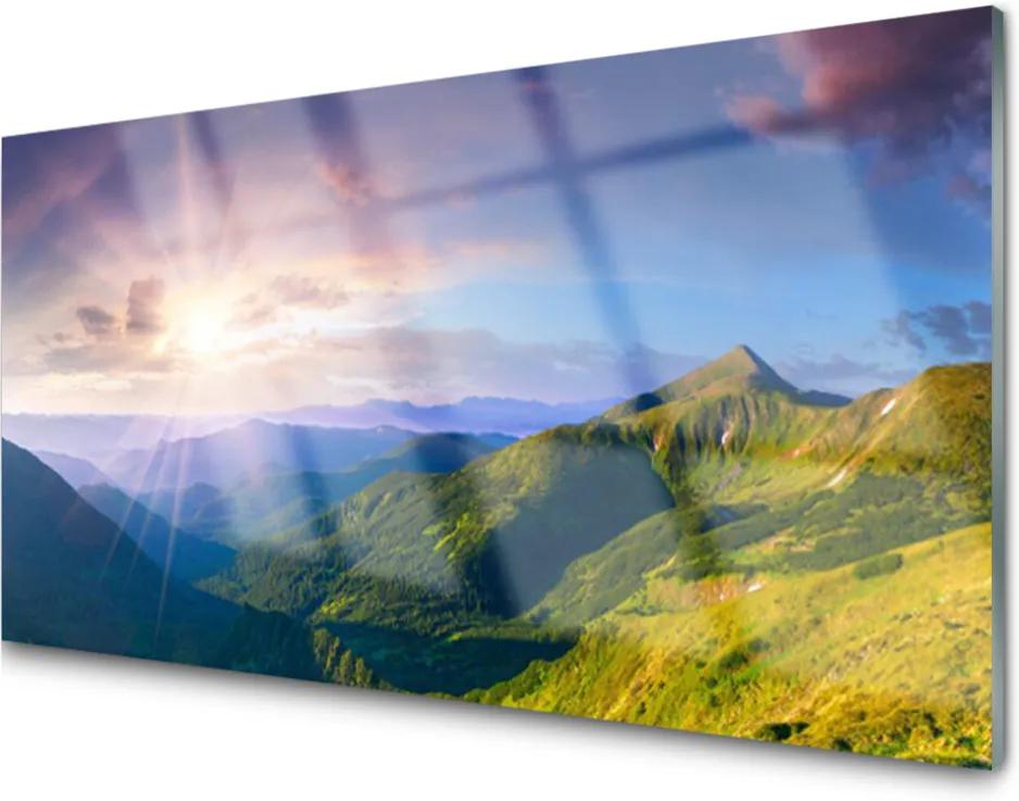 Skleněný obraz Hora Louka Slunce Krajina