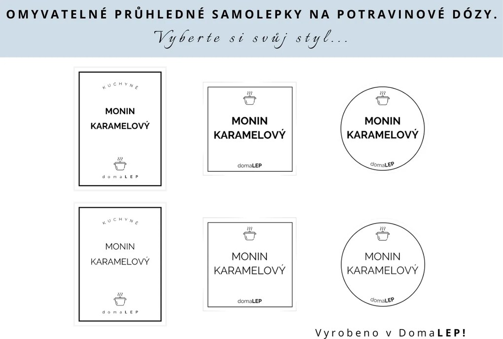 MONIN KARAMELOVÝ - omyvatelná samolepka na dózu, výběr rozměrů Ø 5 cm / 5 x 5 cm / 6 x 8 cm | DomaLEP tvar: KOLEČKO, barva: PRŮHLEDNÁ - ČERNÉ písmo, velikost: Ø 5 cm - tučné písmo