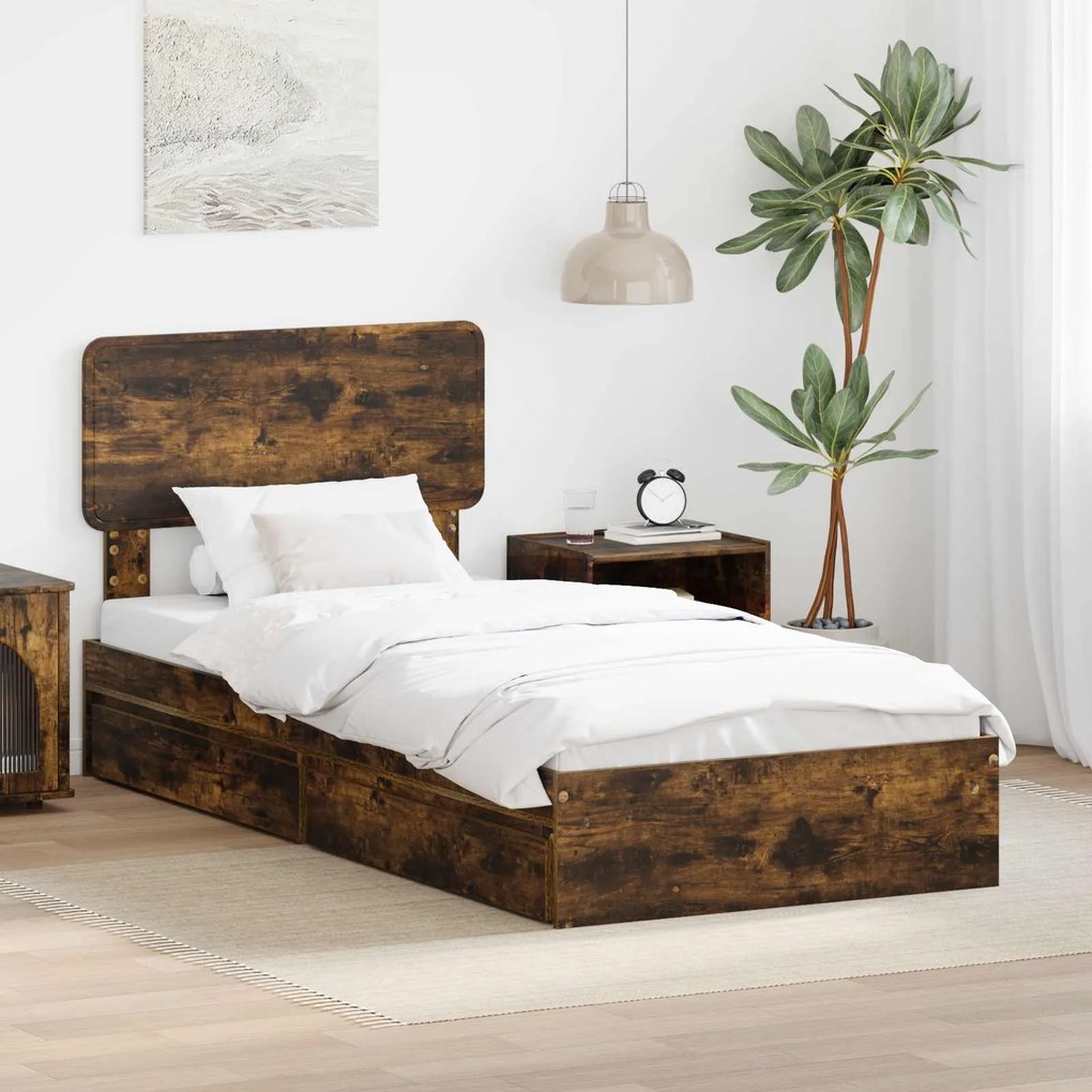 Postel s úložným prostorem se zásuvkou Kouřový dub 100 x 200 cm 3412308