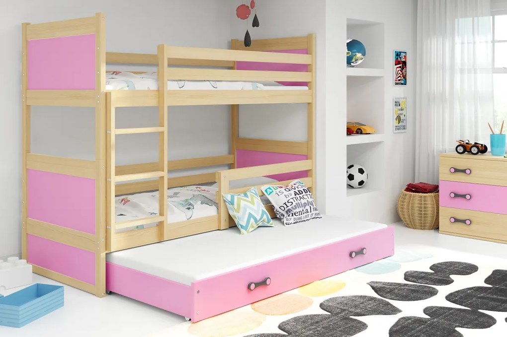BMS Group Dětská patrová postel s přistýlkou RICO borovice Velikost postele: 200x90 cm, Barva šuplíku: Zelená