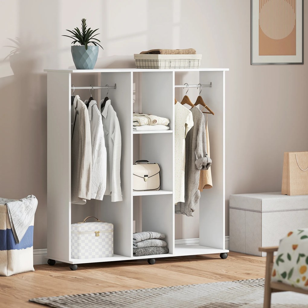 HOMCOM Dvojitá skříň-šatník mobilní úložná skříň 6 koleček 120 x 40 x 128 cm, bílá dřevěná
