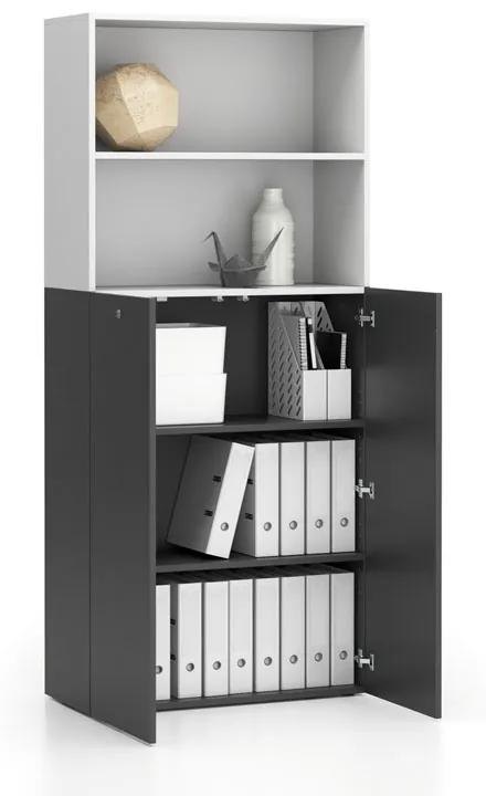 PLAN Kancelářská policová skříň 2-dveřová SEGMENT, uzamykatelná, 4 police, 840 x 370 x 1880 mm, bílá / grafitová