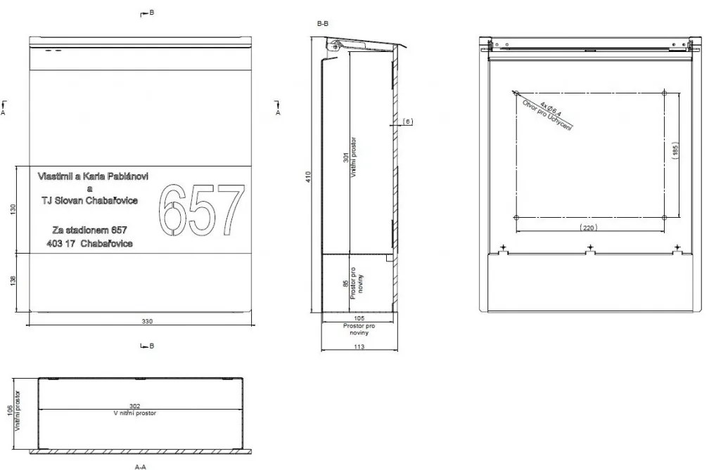 Nerezová poštovní schránka s přihrádkou na noviny 1b Typ víka: Víko bez nápisu