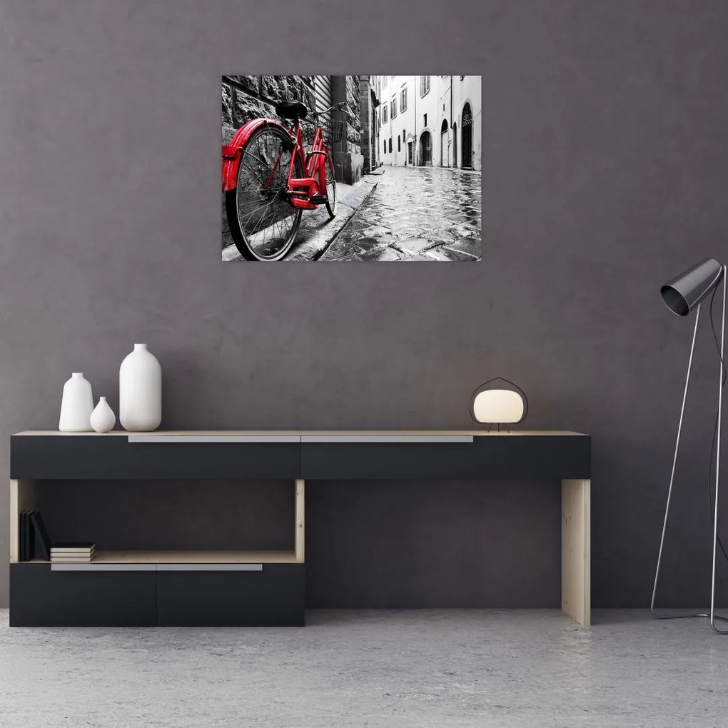 Obraz červeného kola na dlážděné ulici (70x50 cm)