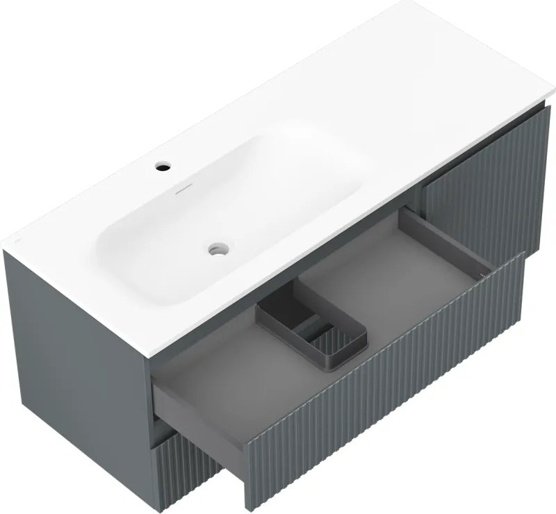 Mexen Rivel, koupelnová skříňka 120 cm s levým umyvadlem Vela, 2S, 1D, drážkovaná, grafitová/bílá matná, 91A23-12047-3-BBFFF66-W23L01