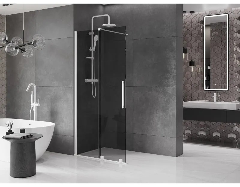 Mexen Velar, sprchová zástěna s posuvnými dveřmi Walk-in 90 x 200 cm, 8mm šedé sklo, bílá matná, 871-090-000-43-20