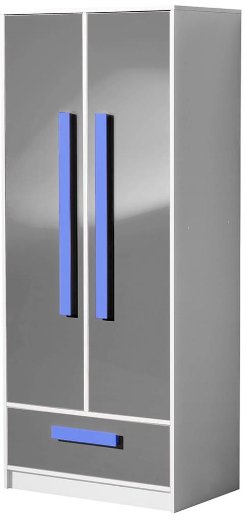 Šatní skříň GULIVER 1 Domel 80/191/50 barva: bílý mat/bílý lesk/fialové úchyty