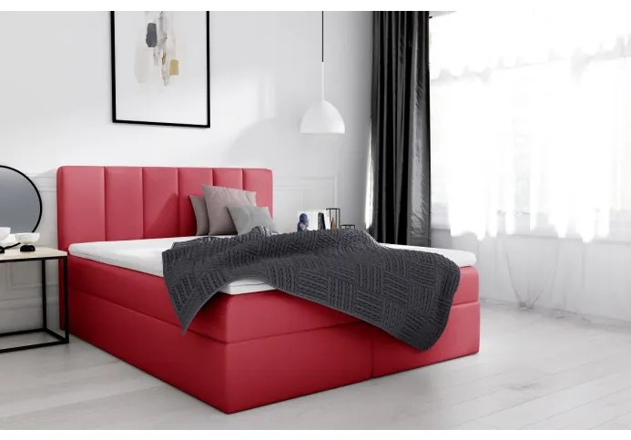 Stylová manželská postel Sven s úložným prostorem červená eko kůže 160 x 200 + topper