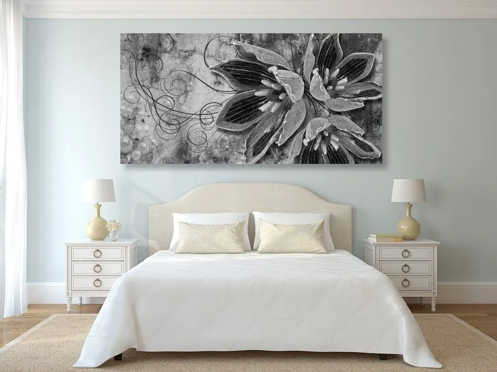 Obraz květiny s perlami v černobílém provedení Varianta: 100x50