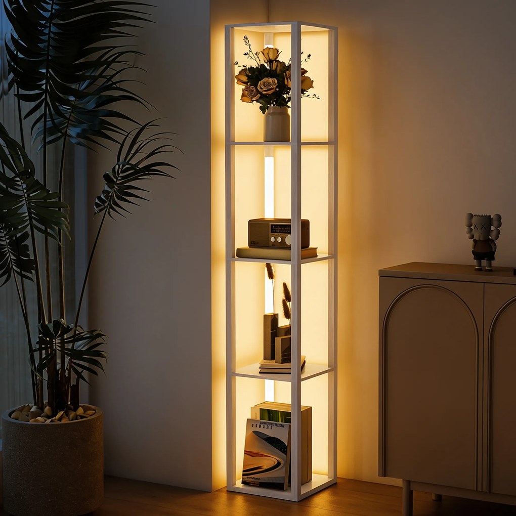HOMCOM LED stojací lampa s policemi, moderní stmívatelná stojací lampa se 3 úrovněmi jasu a nožním spínačem, bílá