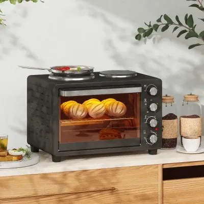 HOMCOM 28 L toustovací trouba, kompaktní trouba na vaření a grilování, elektrická trouba s pečicím plechem, roštem, 2600 W, černá