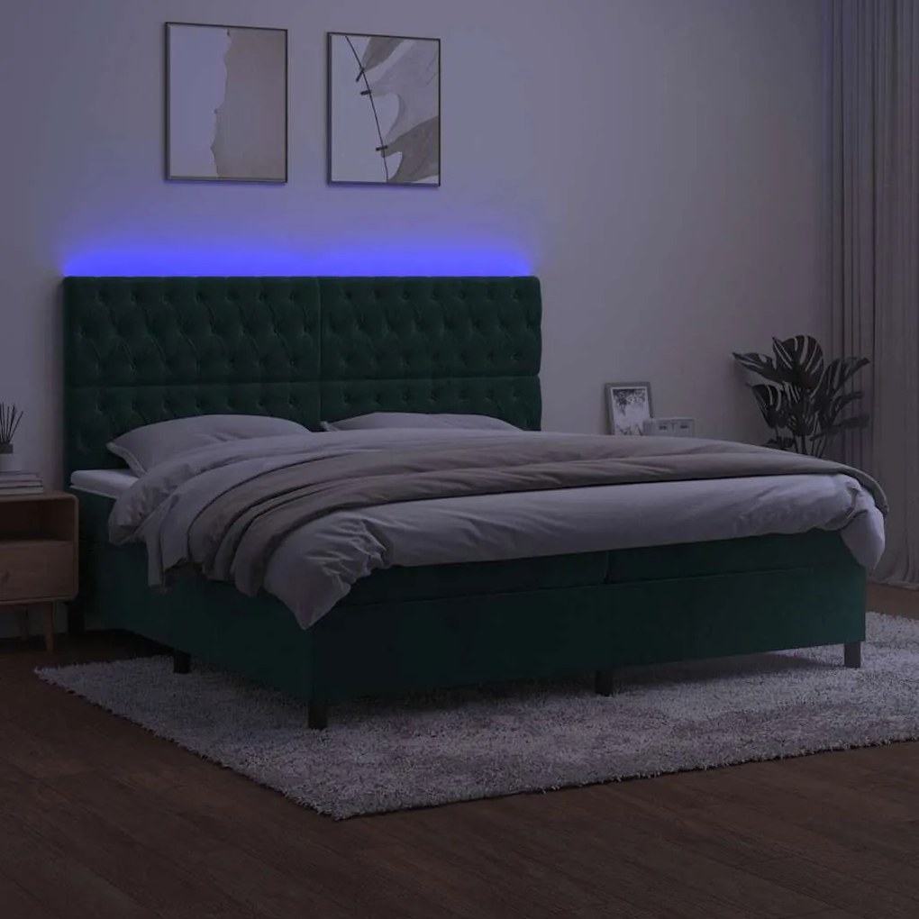 Box spring postel s matrací a LED tmavě zelená 200x200 cm samet 3136326
