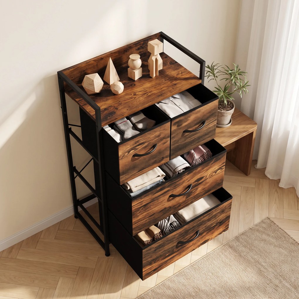 HOMCOM komoda, sideboard, 4 látkové zásuvky, průmyslový design, 50x29x85 cm, hnědá/černá