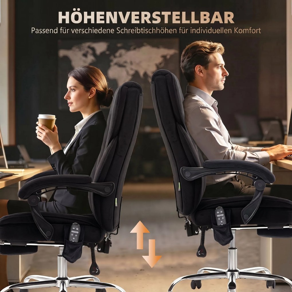 Masážní kancelářské křeslo Vinsetto s vyhříváním — ergonomické, polohovatelné, s nastavitelnou výškou, kabelovým ovládáním, výsuvnou podnožkou a 360°…