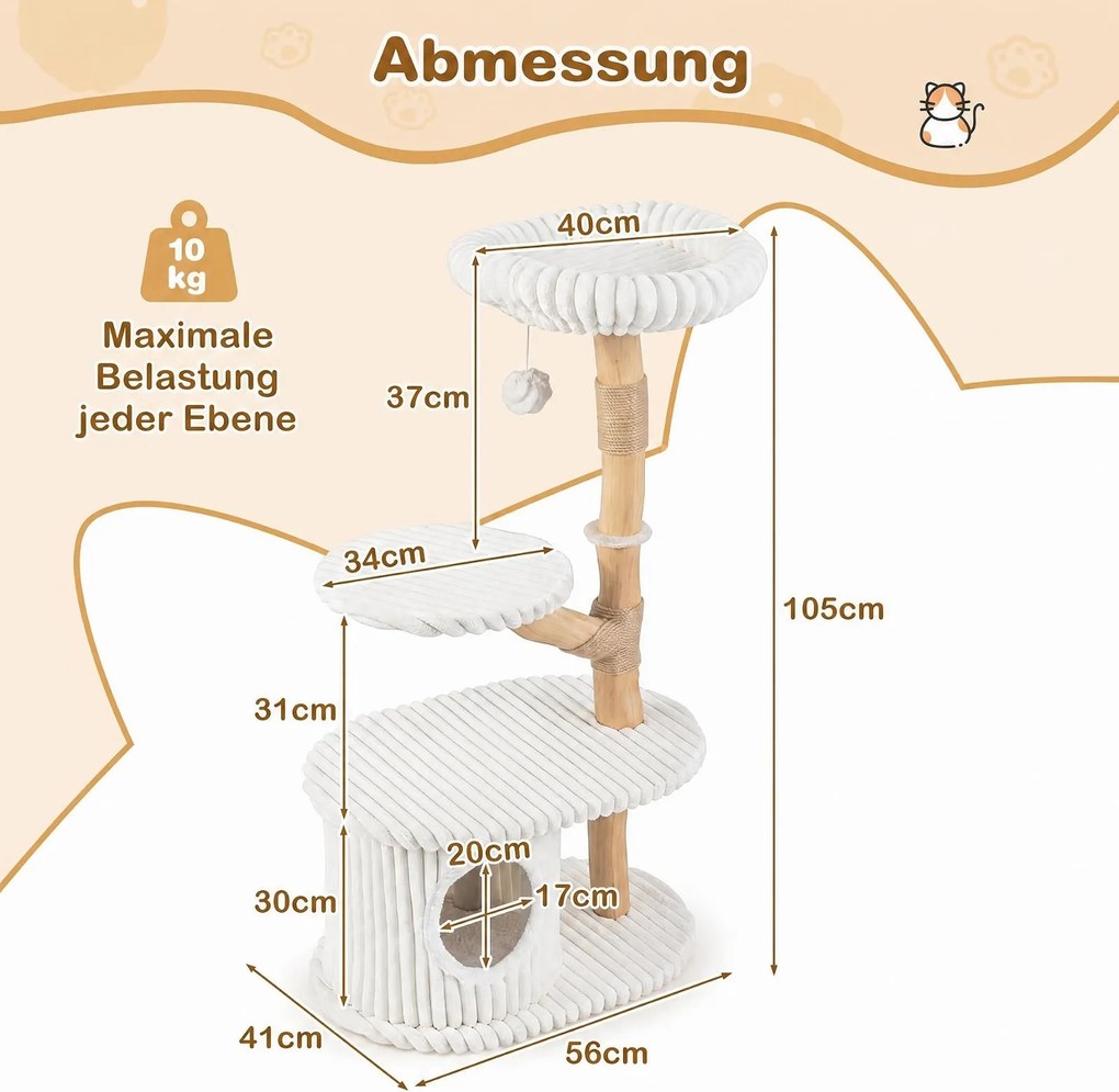 Costway Dřevěné škrabadlo pro kočky 105 cm s přírodním kmenem, béžové