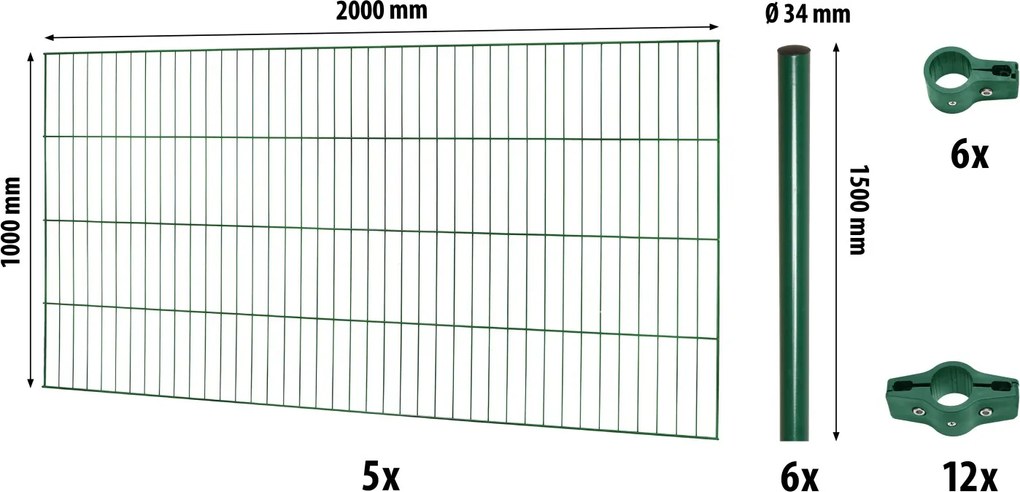 Floraworld Sada drátěných plotových panelů se sloupky, zelená, 100 cm x 10 m