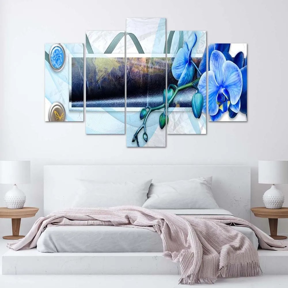 Obraz na plátně pětidílný Modrá orchidej Abstrakt - 100x70 cm