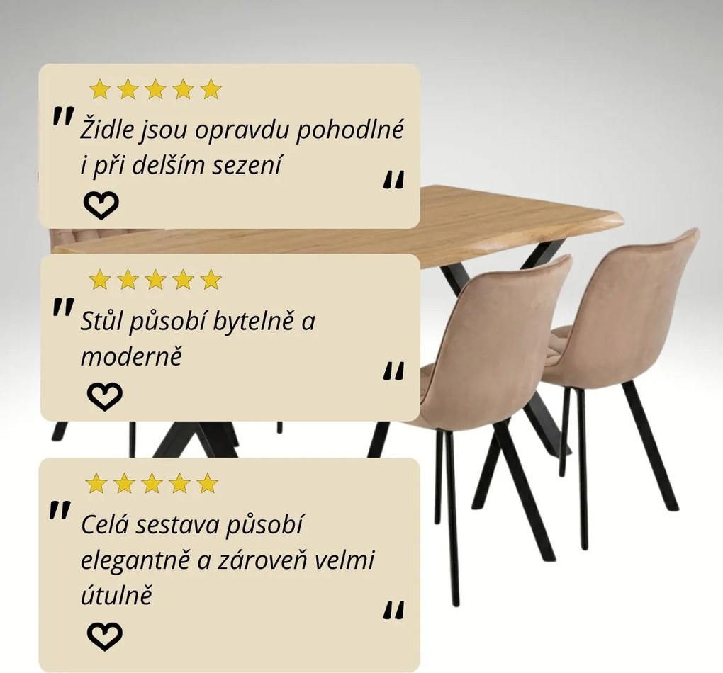 Vikio Jídelní set pro 4 osoby 160x90 cm dub noha X béžová židle VJS236-4BE-S