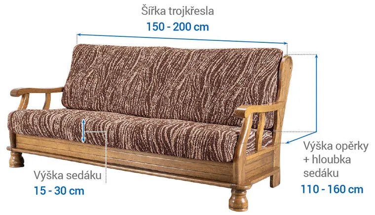 Bielastické potahy UNIVERSO NOVÉ žíhané hnědé trojkřeslo s dřevěnými rukojeťmi (š. 150 - 200 cm)