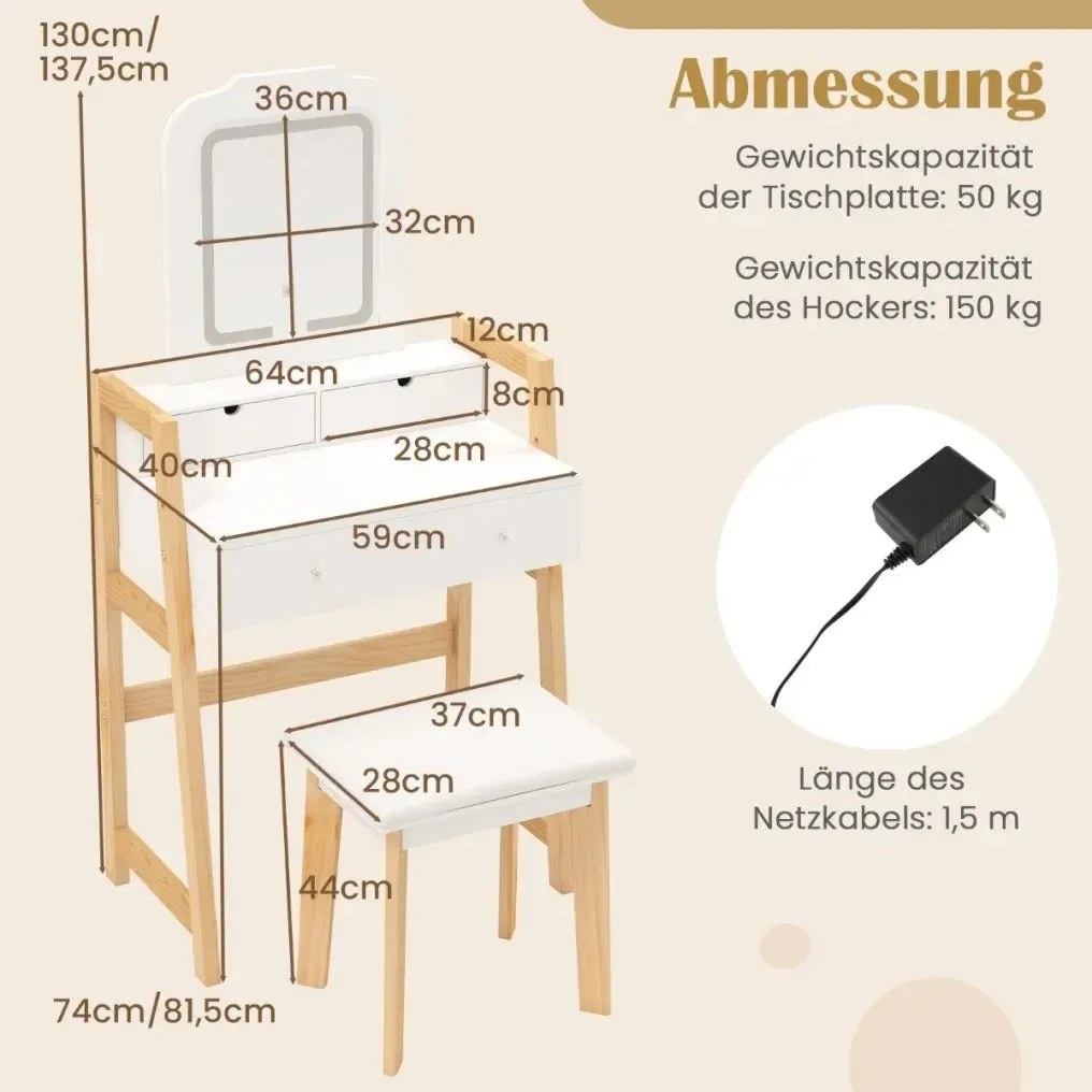 Costway Toaletní kosmetický stolek s LED osvětlením a taburetem, dřevěný, bílý JV12022DE-WH