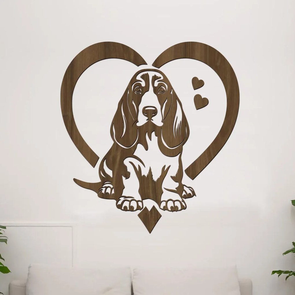 dřevo života Dřevěná samolepka Basset Hound v srdci Zvolte rozměr (cm): 75x80, Zvolte barvu dekoru: Černá