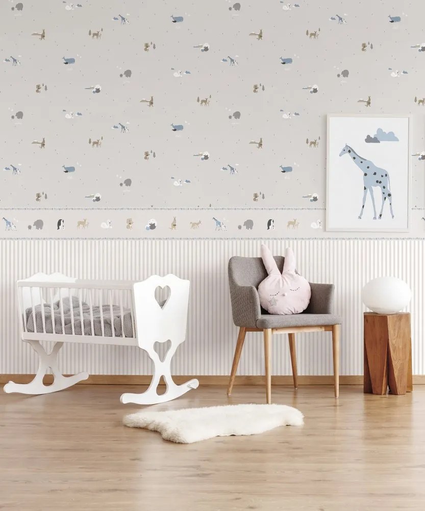 Šedá dětská samolepící bordura se zvířátky 7504-2, Noa, ICH Wallcoverings