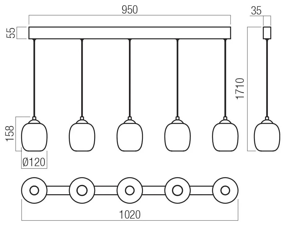 Redo group Redo Khadi, závěsné svítidlo z kouřového skla 5x LED 6W, 3000K, délka 65cm, tříkrokové stmívání