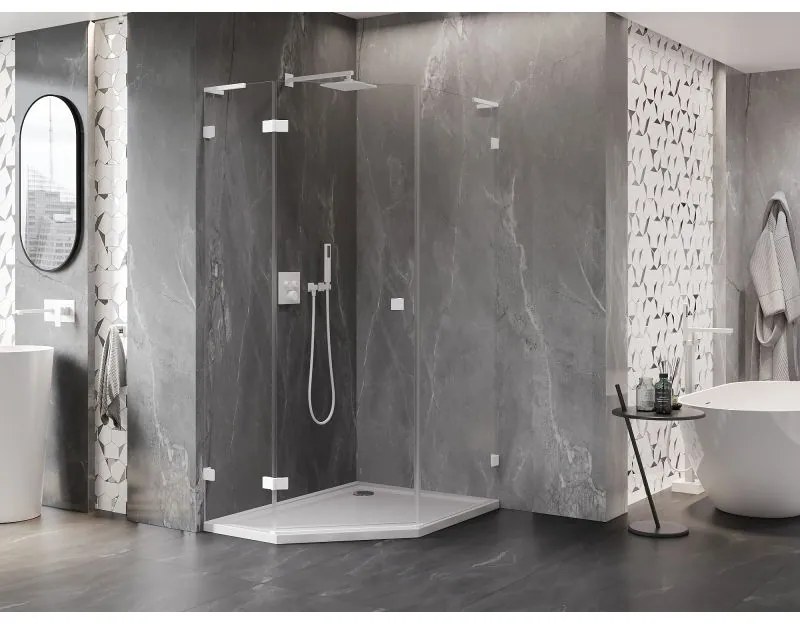 Mexen Lunar, L pětiúhelníkový sprchový kout naklápěcí doleva 80 x 100 cm, 8mm čiré sklo, bílý profil, 831L-080L-100P-20-00-L
