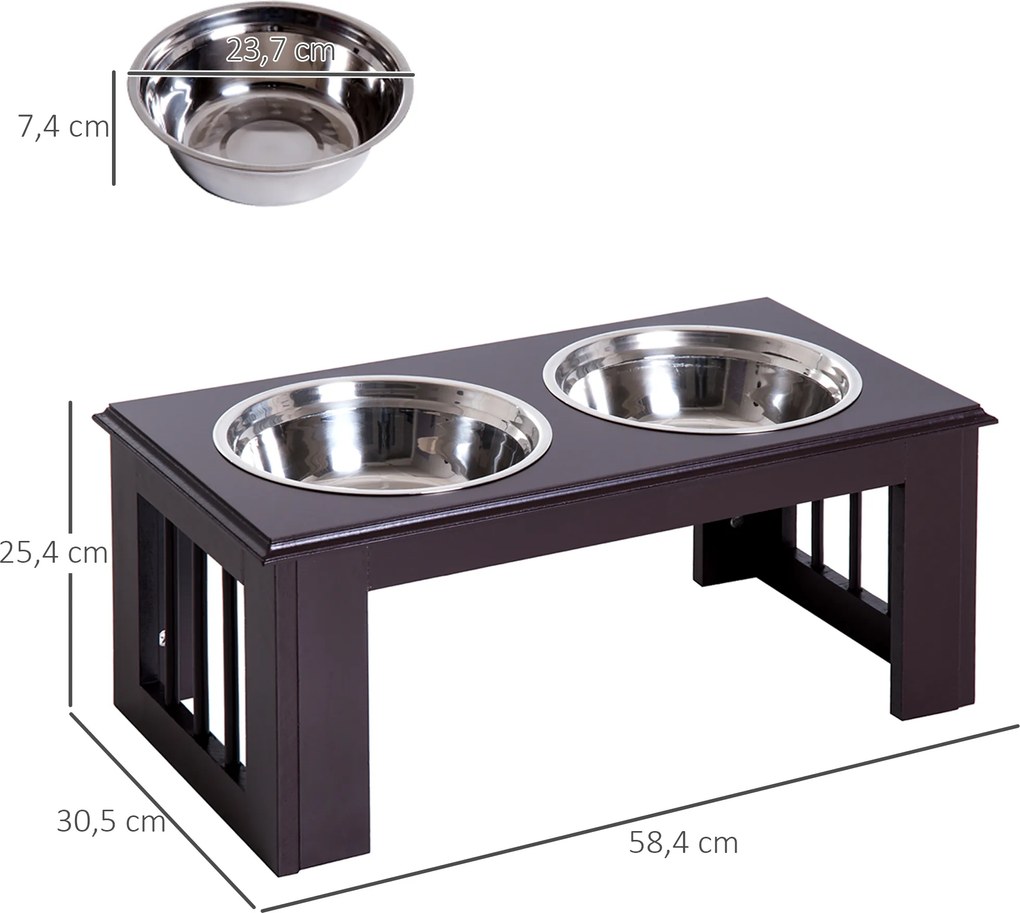 PawHut Vyvýšená miska pro psy s nerezovými miskami, miska na krmivo z MDF v barvě kávy, 58,4 x 30,5 x 25,4 cm, ideální pro domácí zvířata | Aosom.de