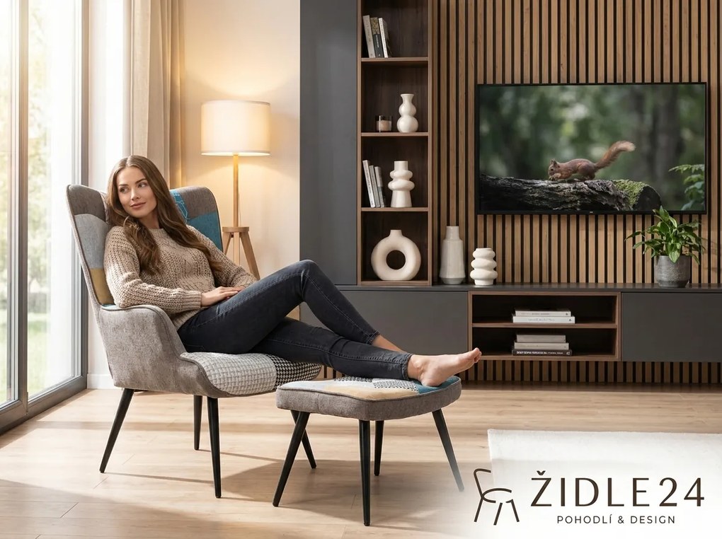 Relaxační křeslo s podnožkou AIRO - patchwork látka