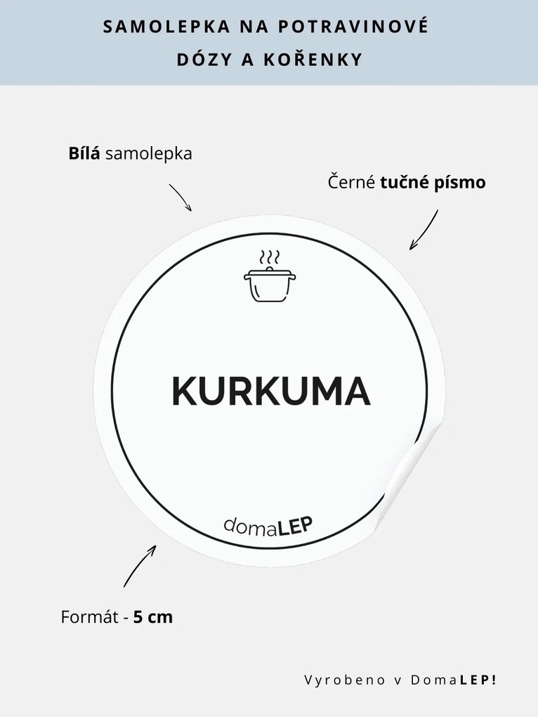 Samolepka na kořenky KURKUMA bílá 5 cm tučné písmo